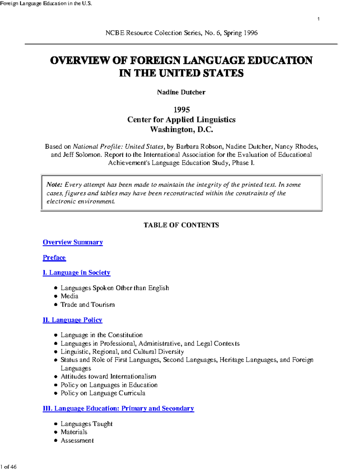 Foreign Language Education in - NCBE Resource Colection Series, No. 6 ...