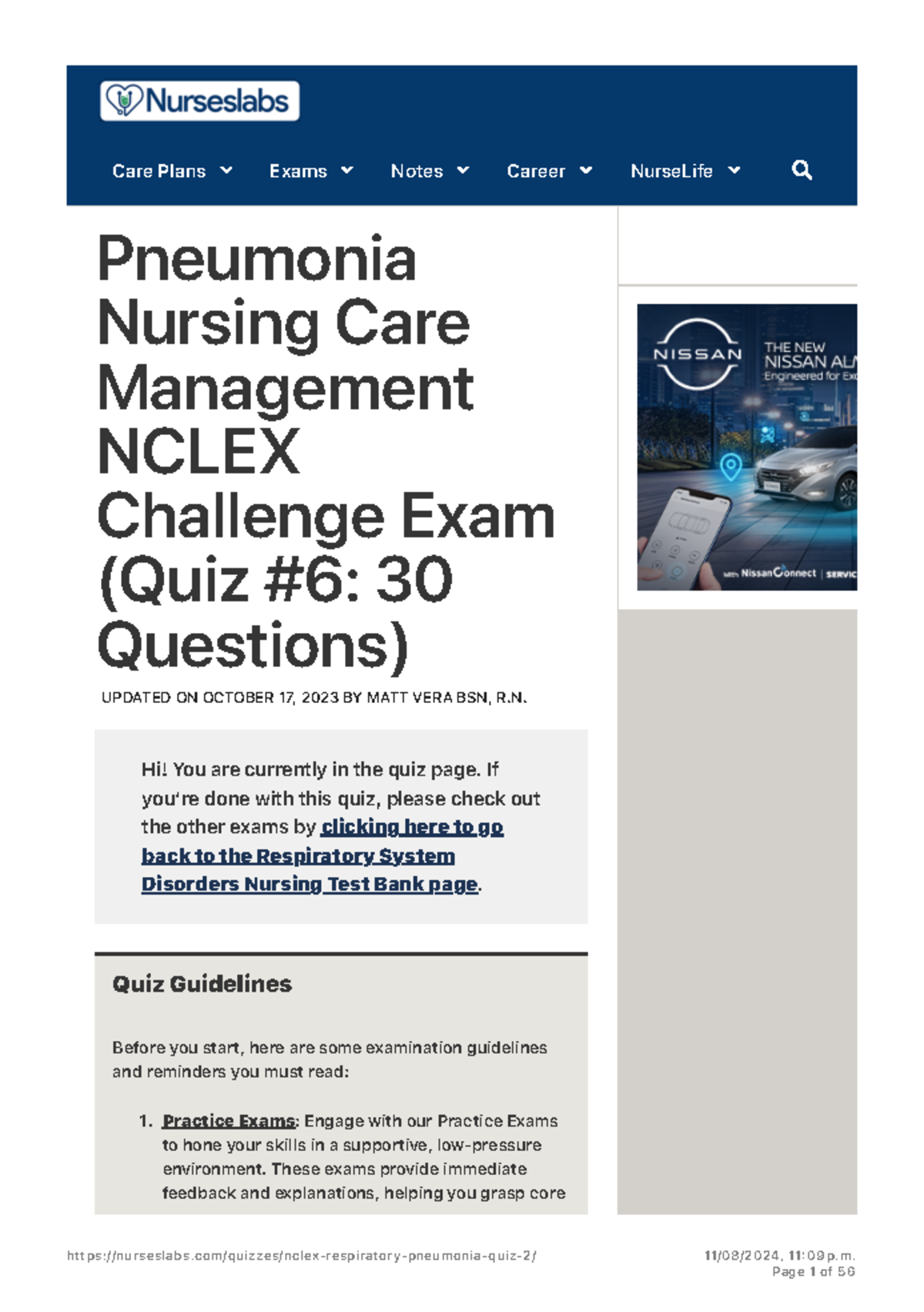 Pneumonia Nursing Care Management Nclex Challenge Exam (Quiz #6- 30 ...