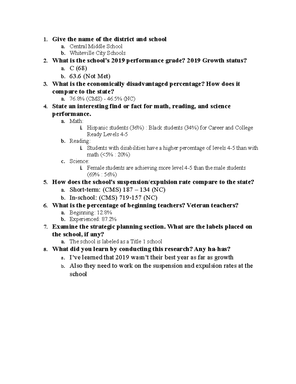 Research NC Report Cards - 1. Give the name of the district and school ...