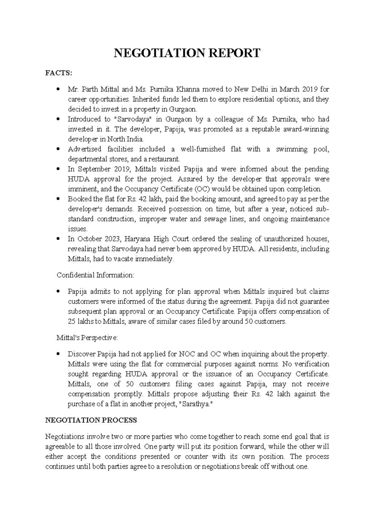 Negotiation Report - NEGOTIATION REPORT FACTS: Mr. Parth Mittal and Ms ...