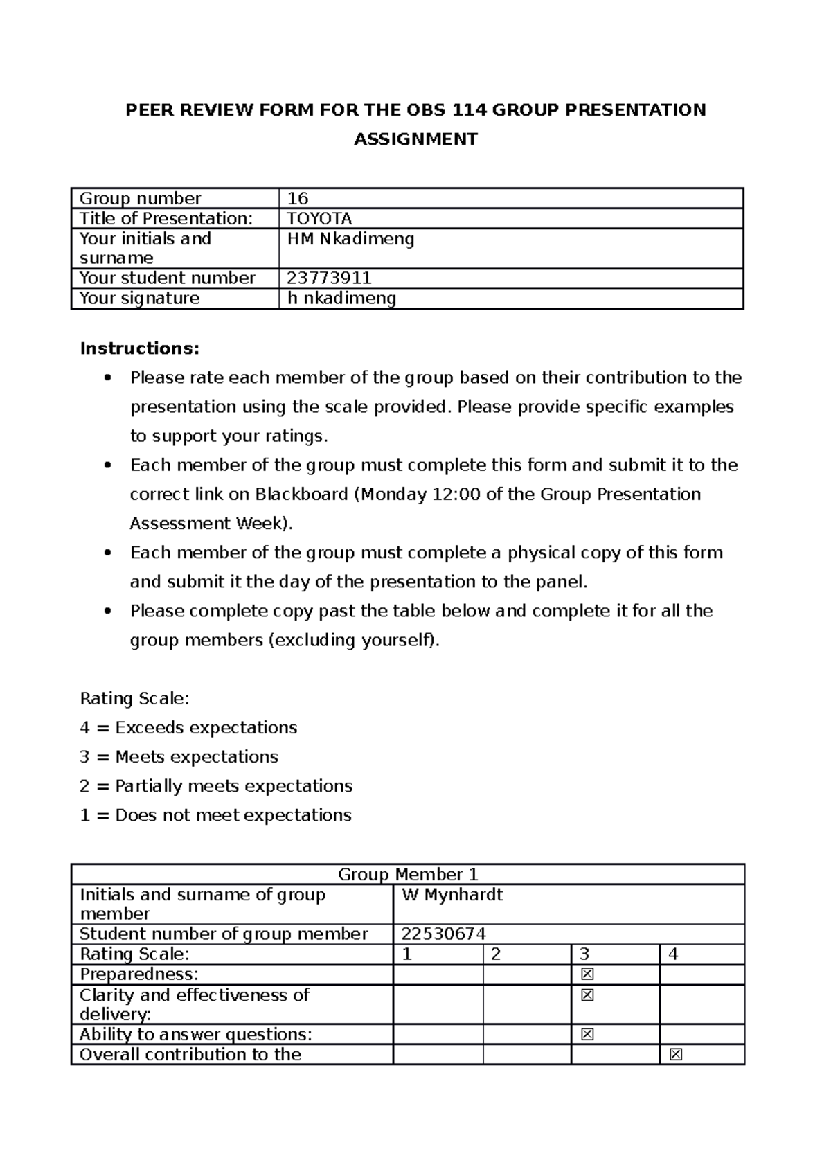Peer review form - PEER REVIEW FORM FOR THE OBS 114 GROUP PRESENTATION ...