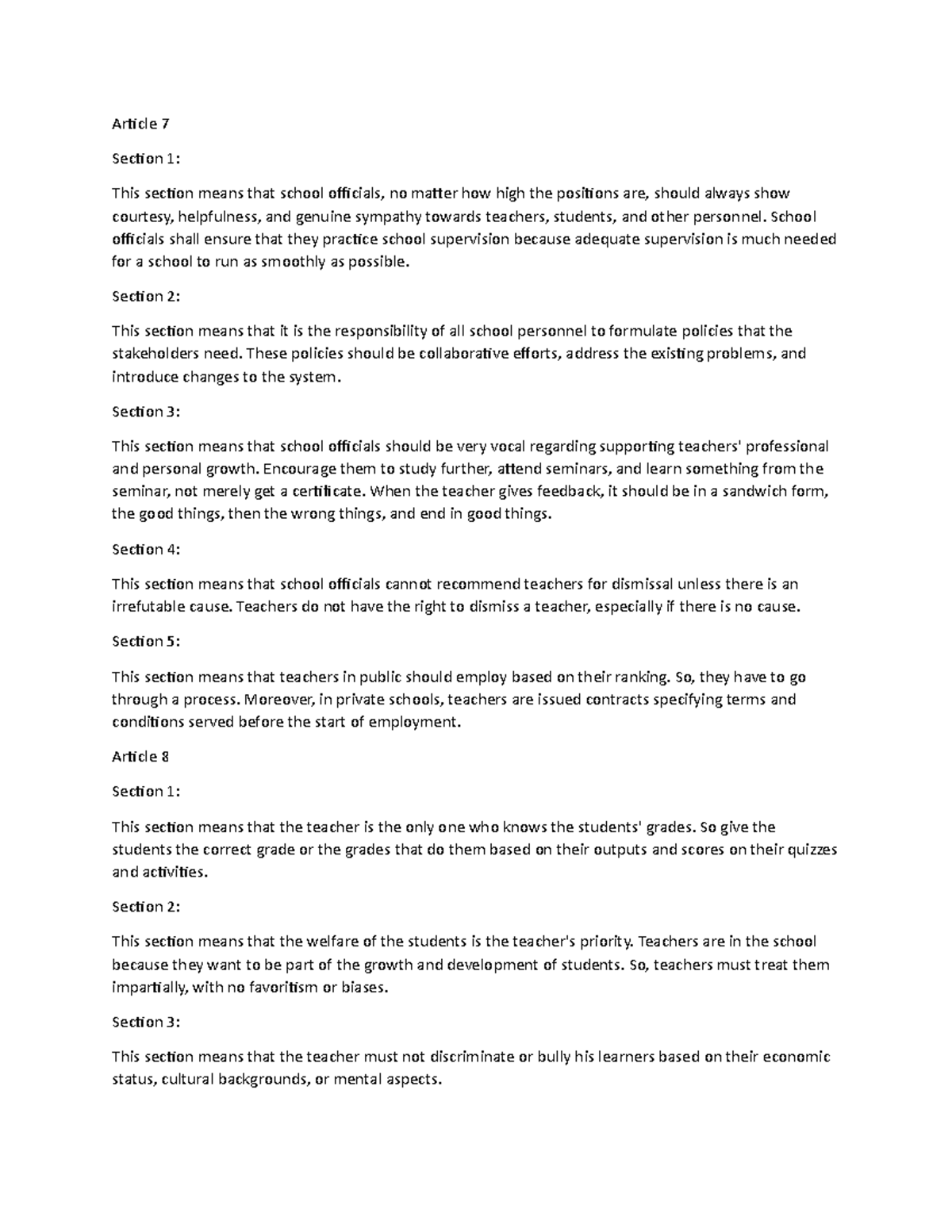 Ethicssss - notes - Article 7 Section 1: This section means that school ...