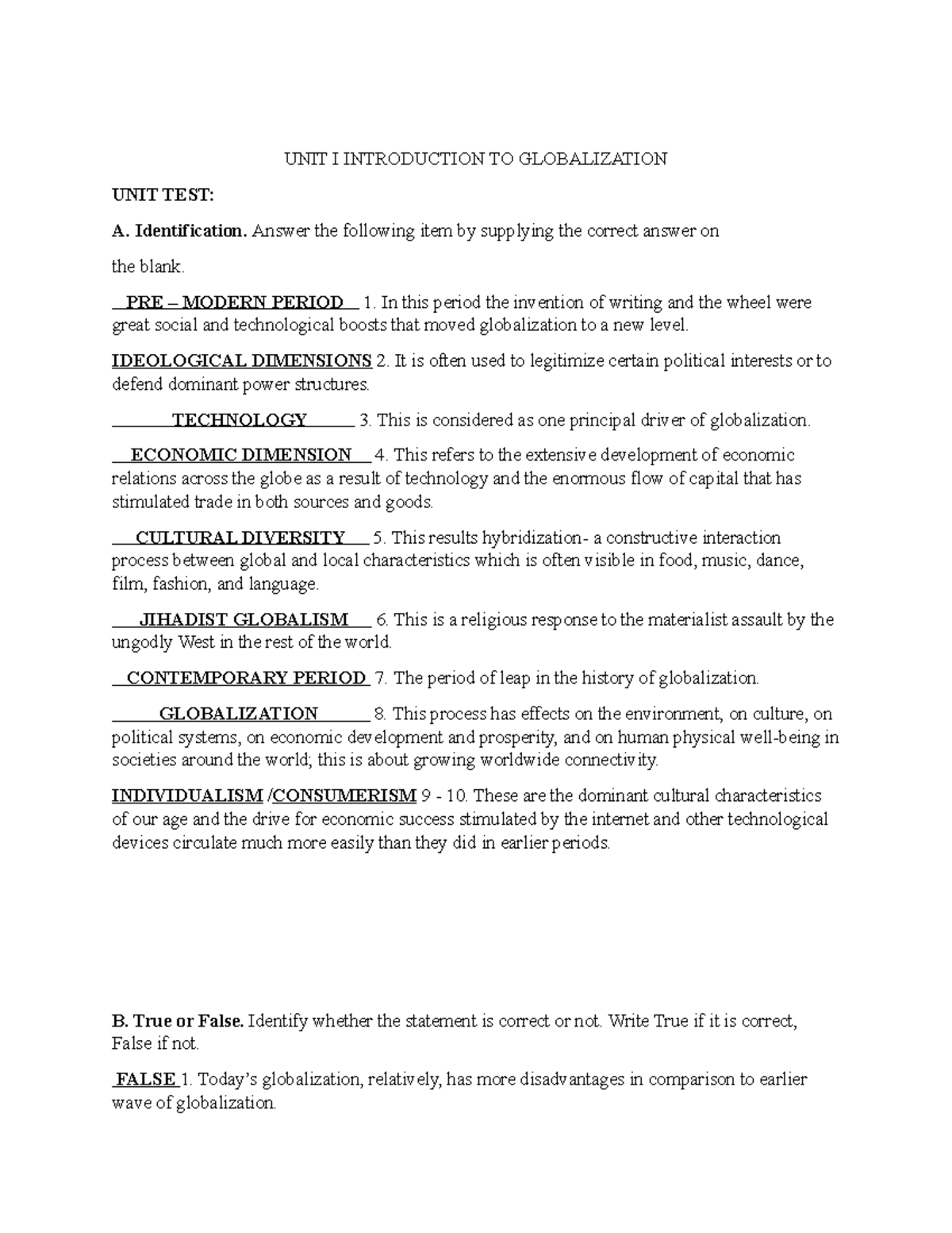 Activity - UNIT I INTRODUCTION TO GLOBALIZATION UNIT TEST: A ...