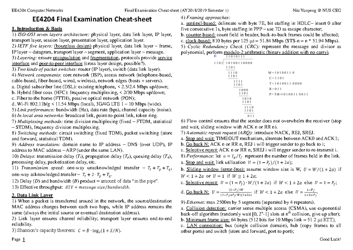 EE4204 - Summary Computer Networks - EE4204 Computer Networks Final Examination Cheat-sheet ...