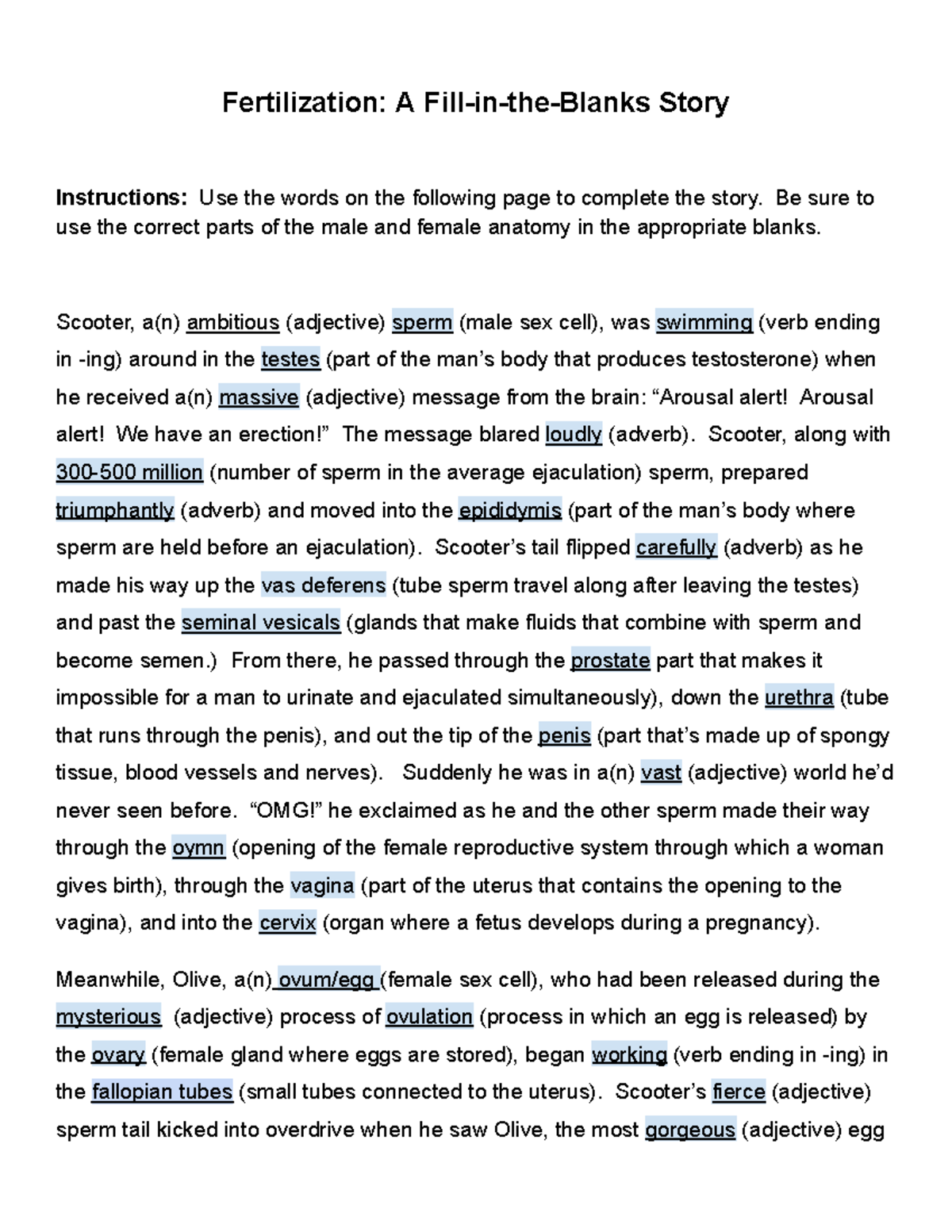 Fertilization A Fill-in-the-Blanks Story - Fertilization: A Fill-in-the ...
