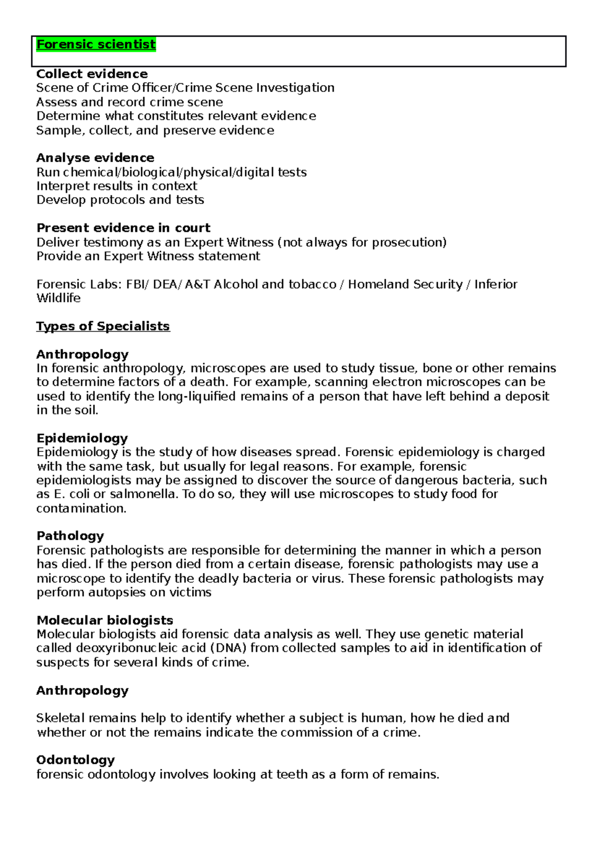 Forensic CHE103 - Study Notes - Forensic scientist Collect evidence ...