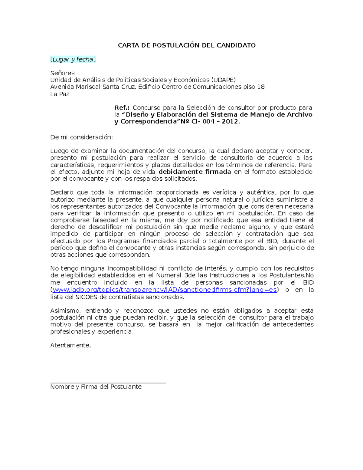 Formularios SC - MODELO DE CARTA DE PRESENTACION - CARTA DE POSTULACIÓN DEL CANDIDATO [Lugar y ...