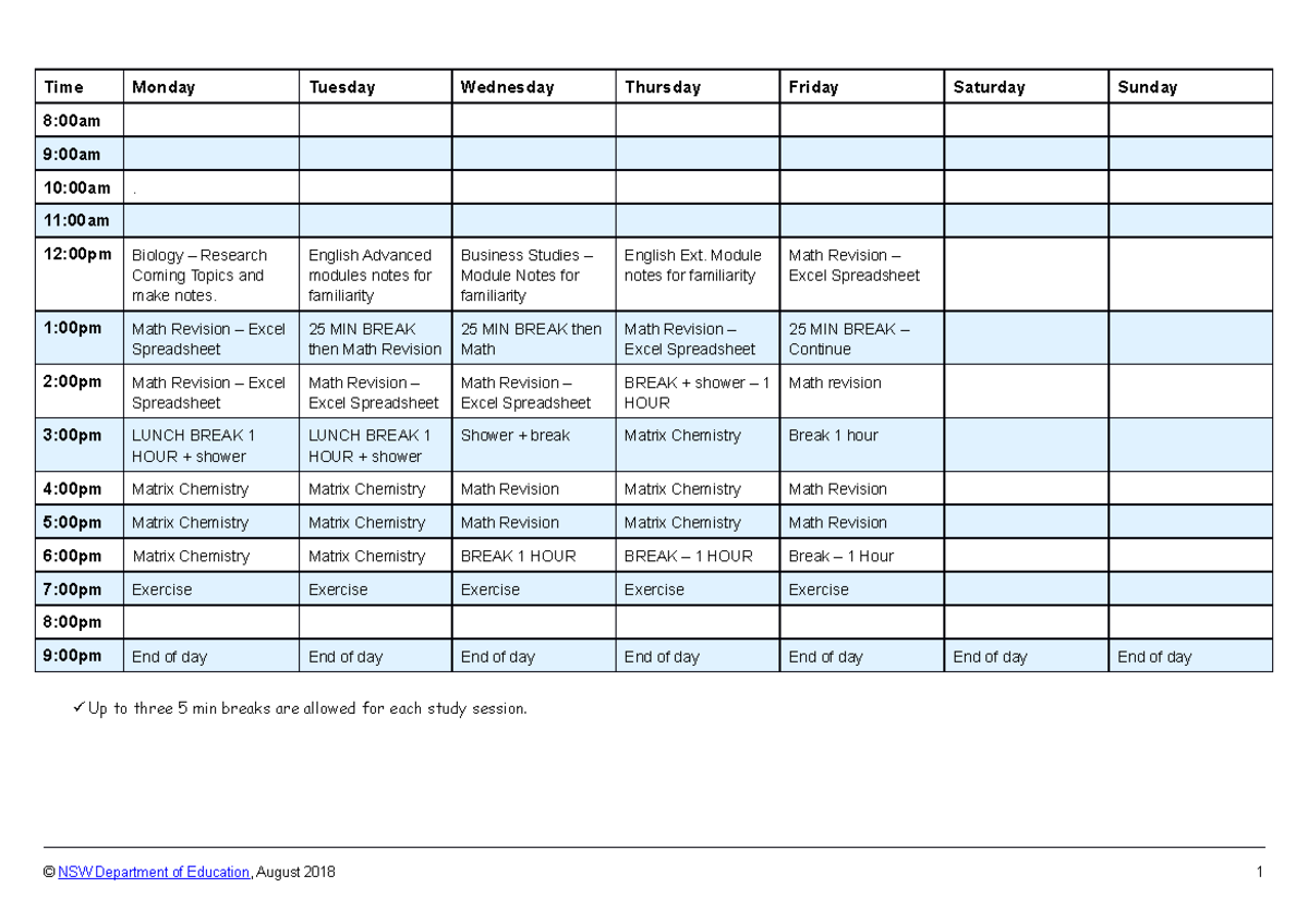 Study-timetable - Copy - Time Monday Tuesday Wednesday Thursday Friday ...