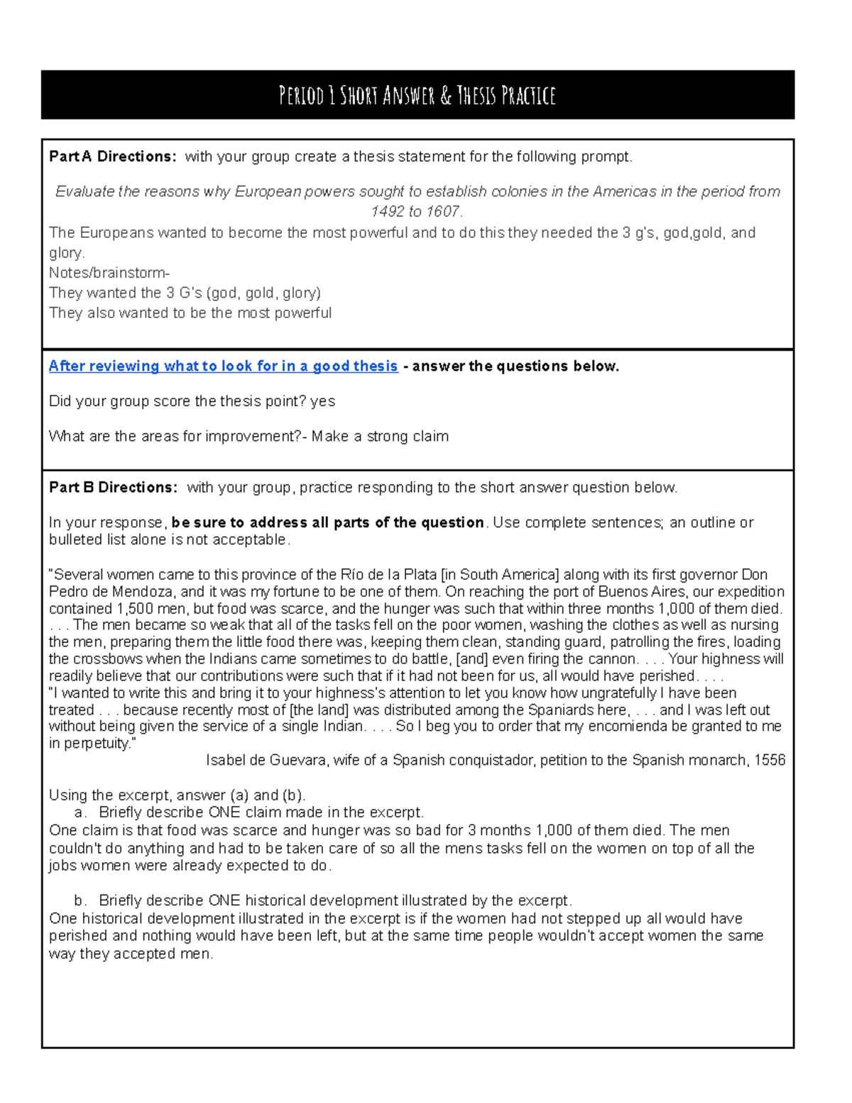 Period 1 Thesis Practice - Period 1 Short Answer & Thesis Practice Part ...
