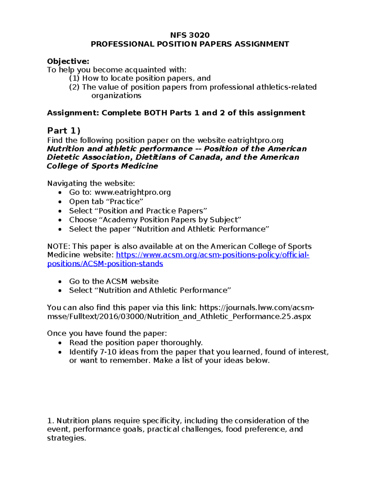 Extra Credit Position Paper Assignment - NFS 3020 PROFESSIONAL POSITION PAPERS ASSIGNMENT ...