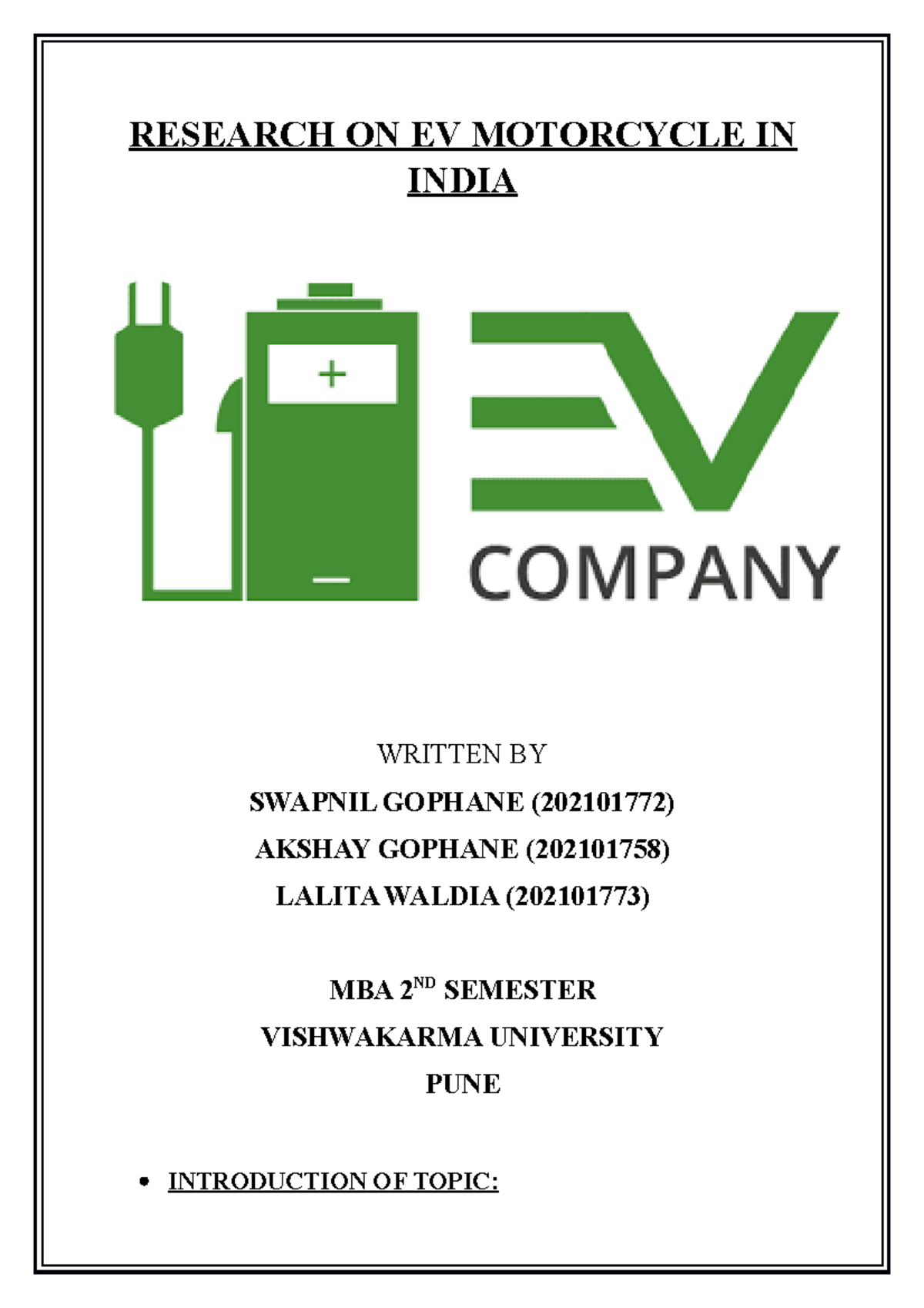 Research ON EV Motorcycle IN India - RESEARCH ON EV MOTORCYCLE IN INDIA ...