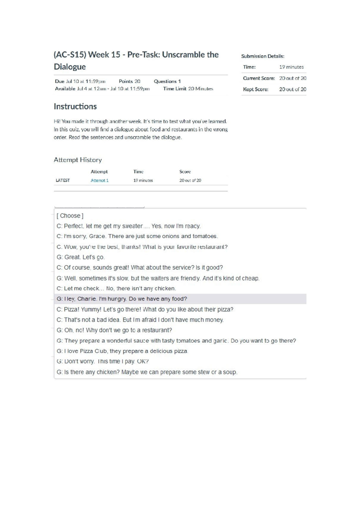 (AC-S15) Week 15 - Pre-Task- Unscramble the Dialogue - Ingles II - UTP - Studocu
