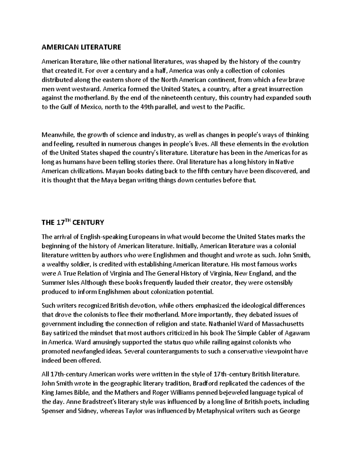 American Literature - literature - Studocu