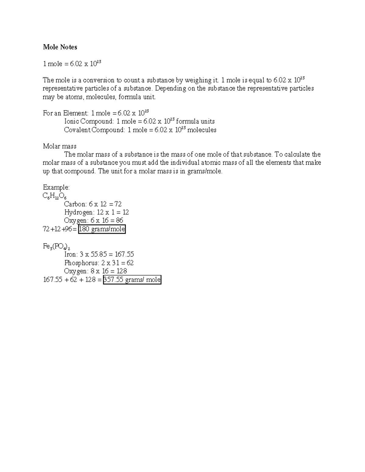 Chemistry Notes Semester 2 - Mole Notes 1 mole = 6 x 10 23 The mole is ...