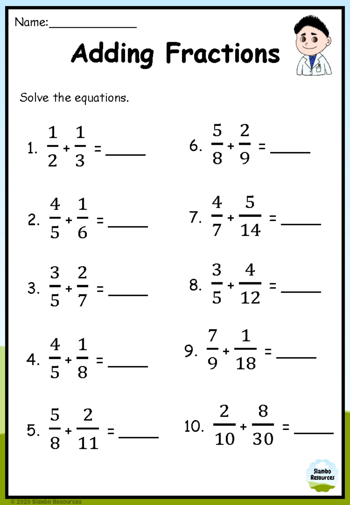 Grade 6 Adding Fractions Worksheet 5 - Name:____________ Adding ...