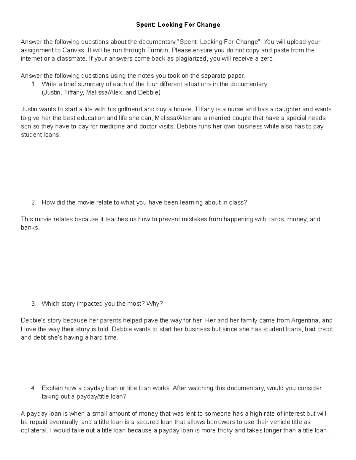 Copy of Spent Looking For Change - Spent: Looking For Change Answer the ...