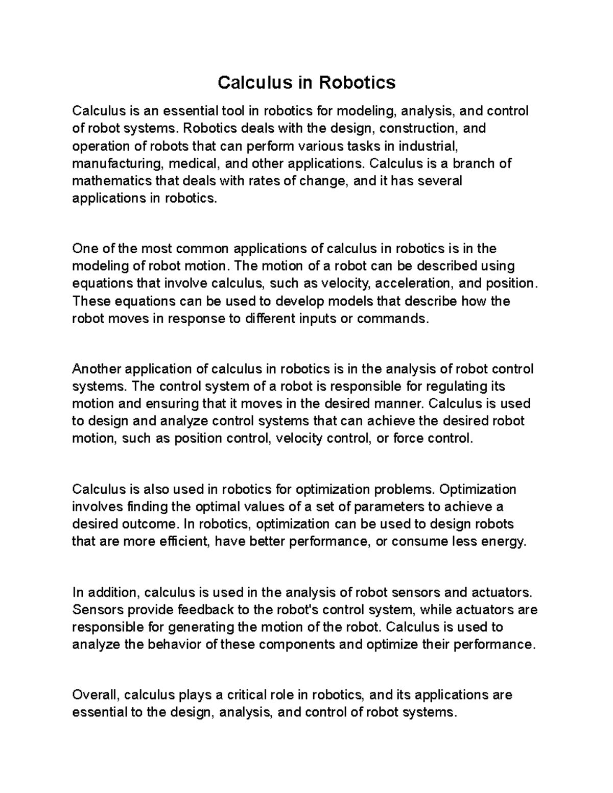 Calculus in Robotics - Calculus in Robotics Calculus is an essential ...