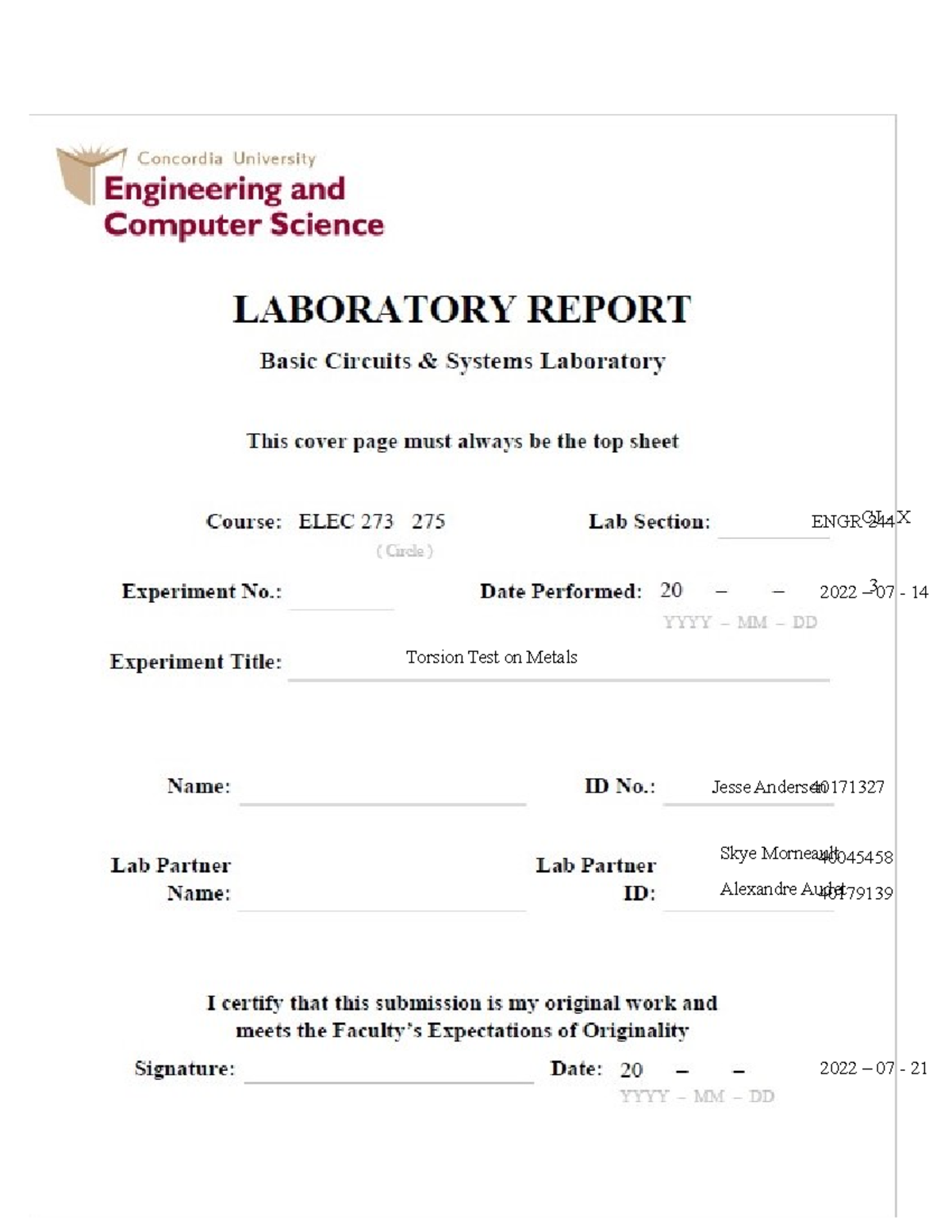 Lab report 3 Jesse Anderson 40171327 - 40045458 40179139 Skye Morneault Alexandre Audet ENGR 244 ...