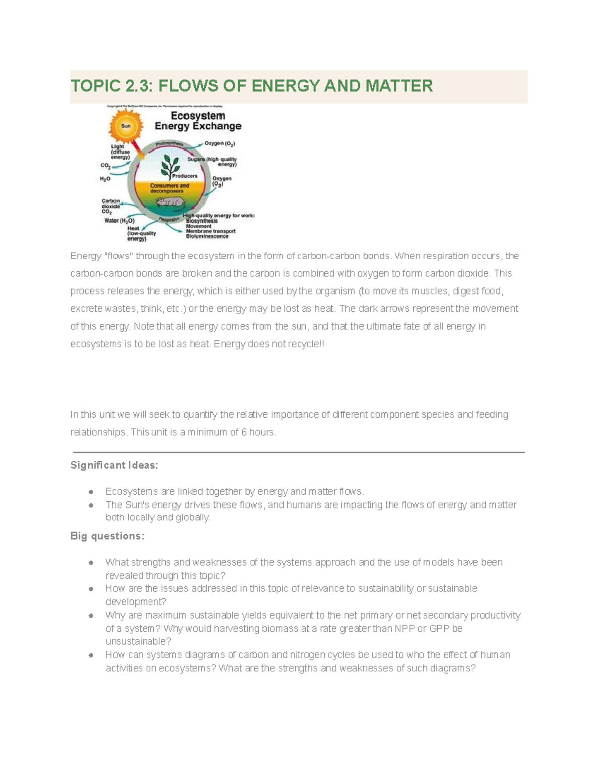 Notes Flows Energy and Matter - TOPIC 2: FLOWS OF ENERGY AND MATTER ...