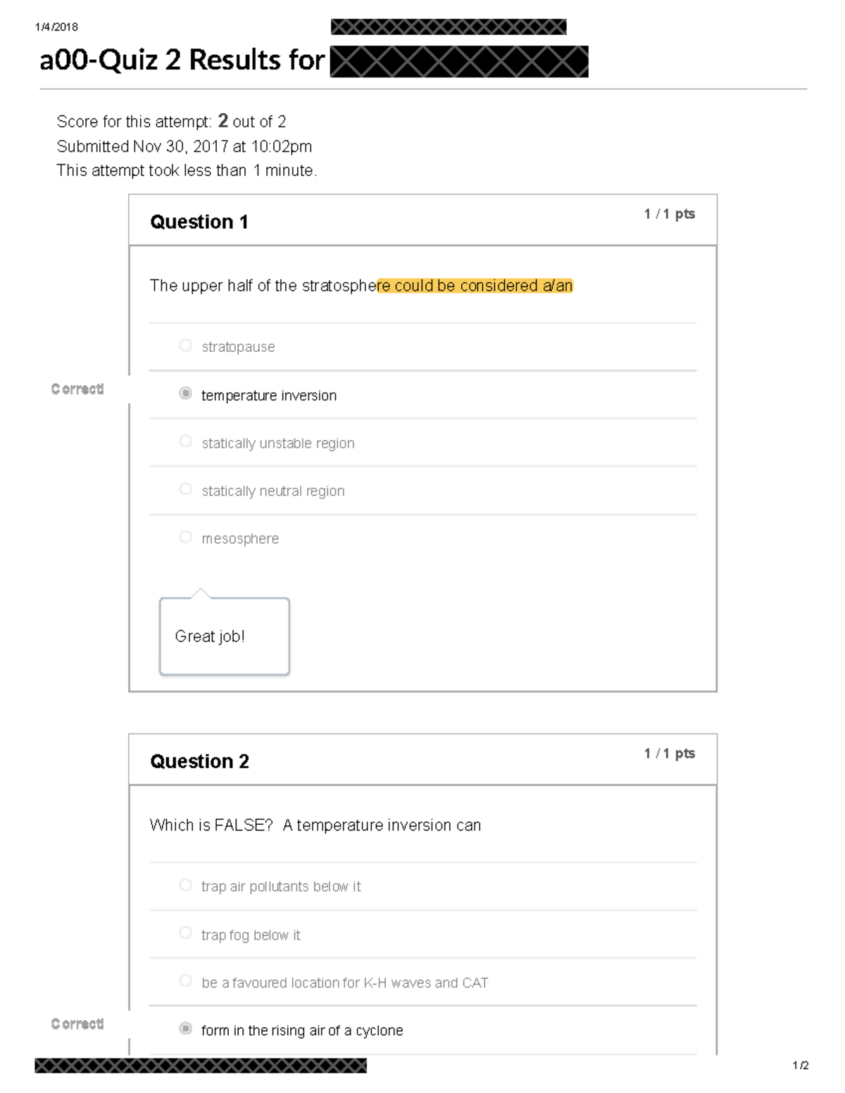 A00 - Quiz 2 - Applied Quiz 2 - 1/4/ 1/ a00-Quiz 2 Results for Score ...