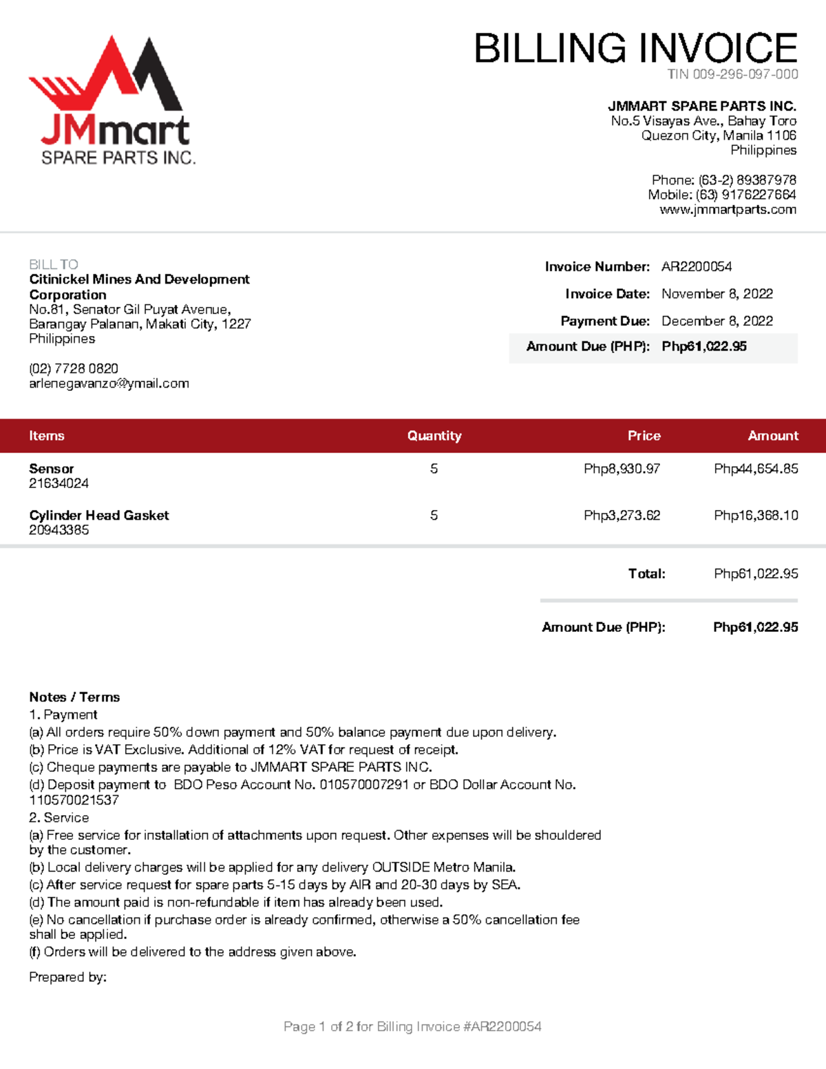 Invoice AR22000 54 2022-12-08 - BILLING INVOICE TIN 009-296-097- JMMART ...