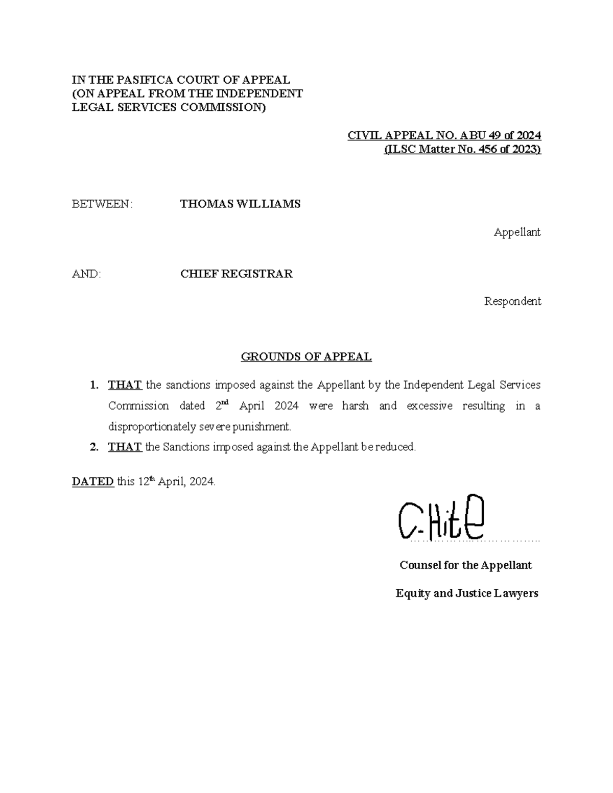 Grounds of Appeal - Thomas Williams - IN THE PASIFICA COURT OF APPEAL ...