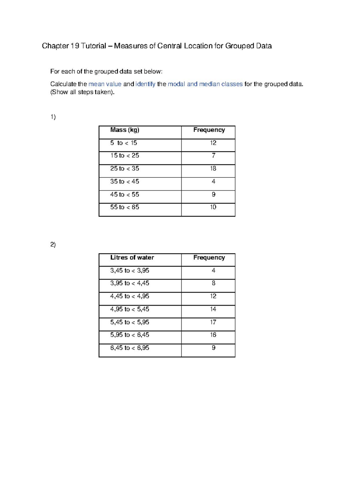 Mnu Chapter 19 Tutorial For Grouped Data Chapter 19 Tutorial Measures Of Central Location