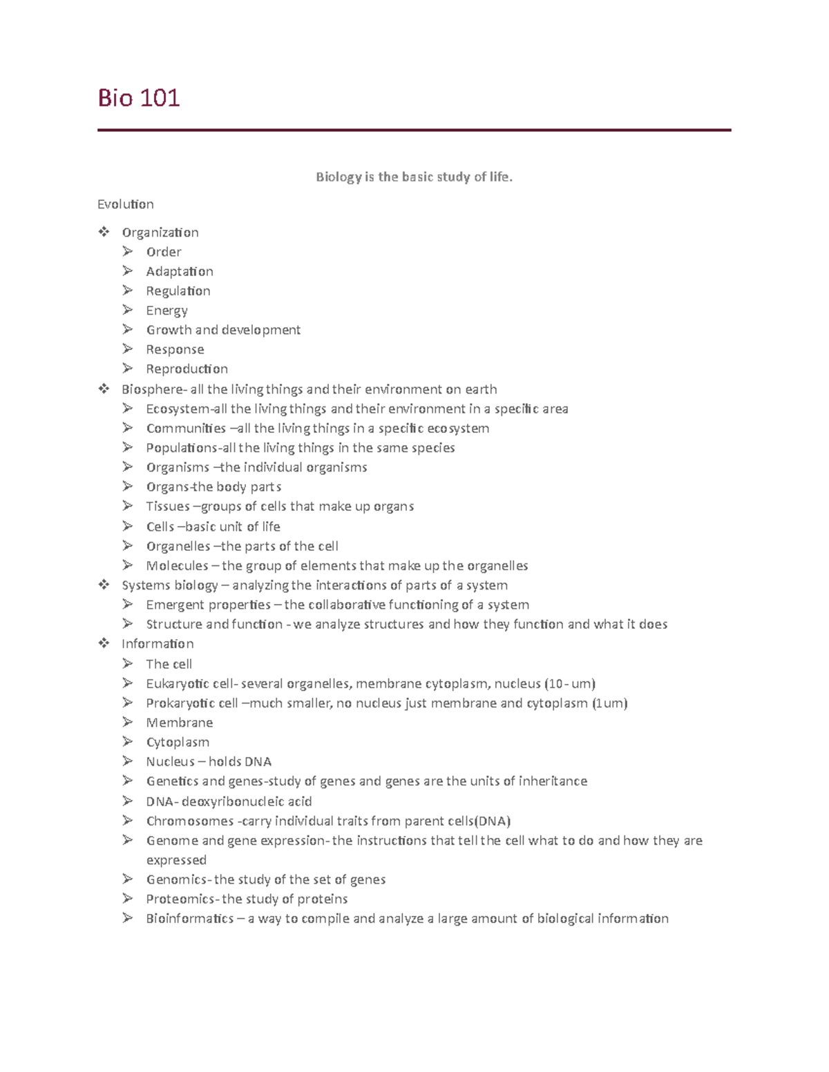 Bio 101 notes - rob martins - Bio 101 Biology is the basic study of ...