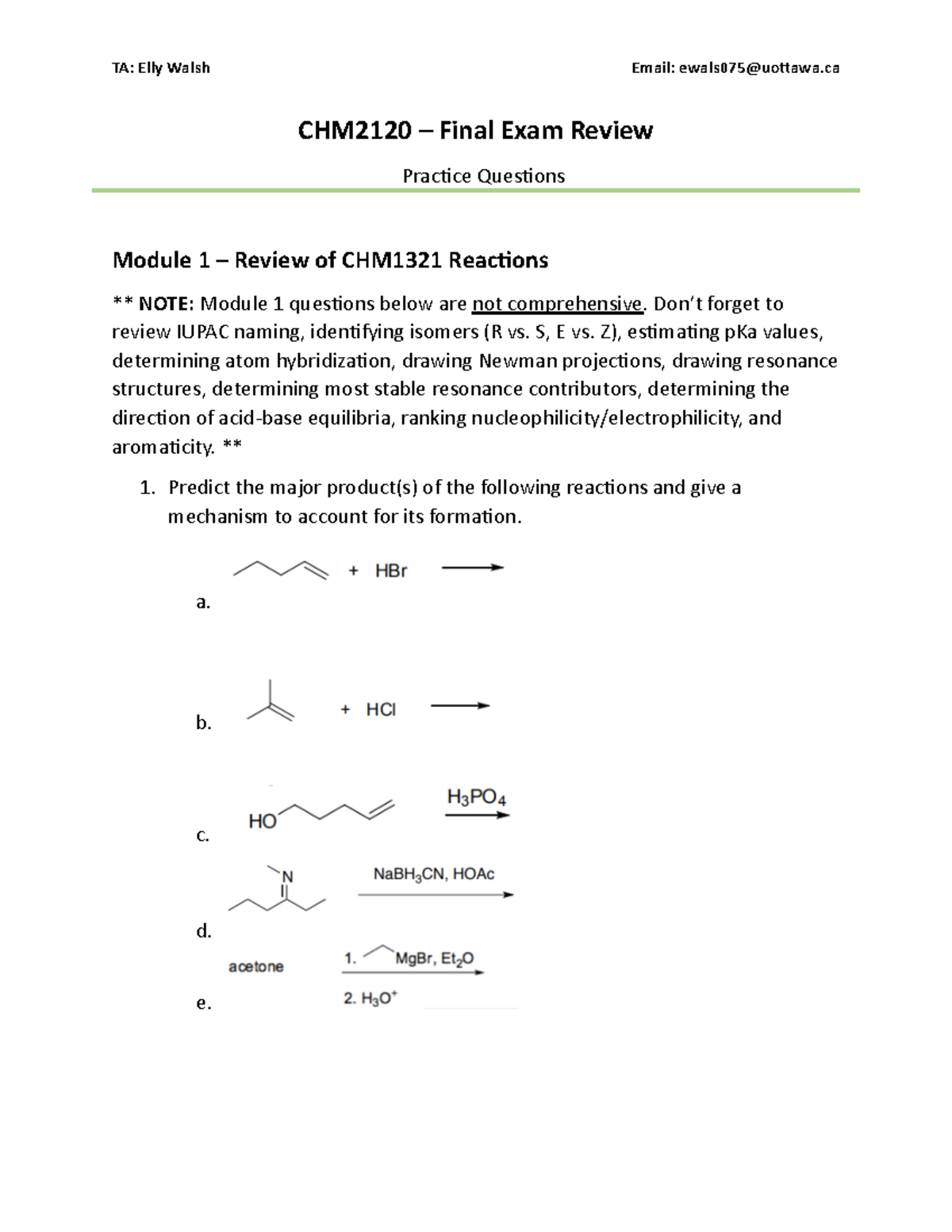 Final Exam Review Practice Questions Chm2120 Final Exam Review PracƟce QuesƟons Module 1