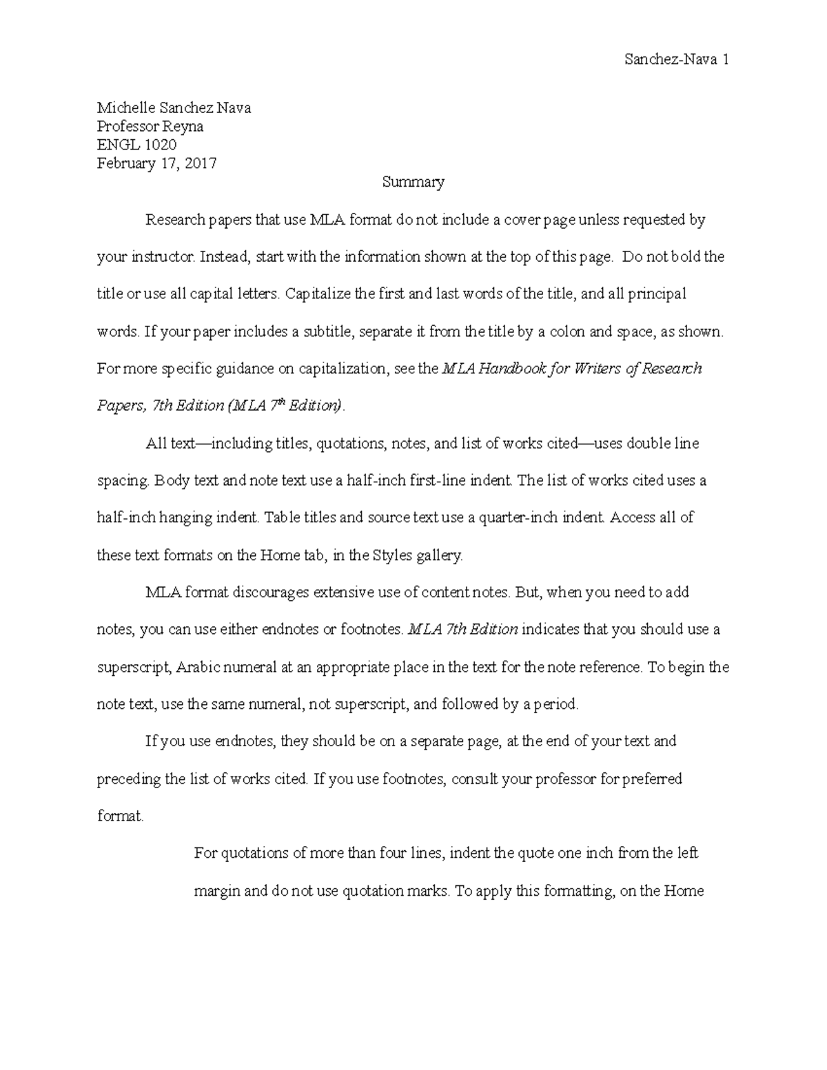 MLA- Style - Professor Reyna M. This is a sample of a correctly MLA ...