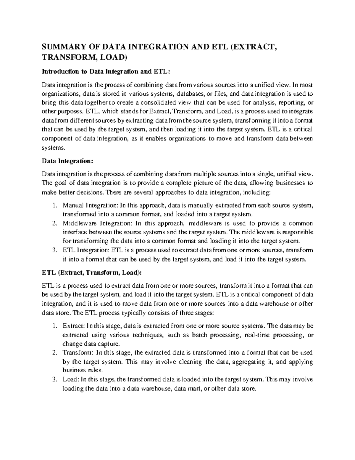 Summary of Data Integration and ETL ( Extract, Transform, Load ...