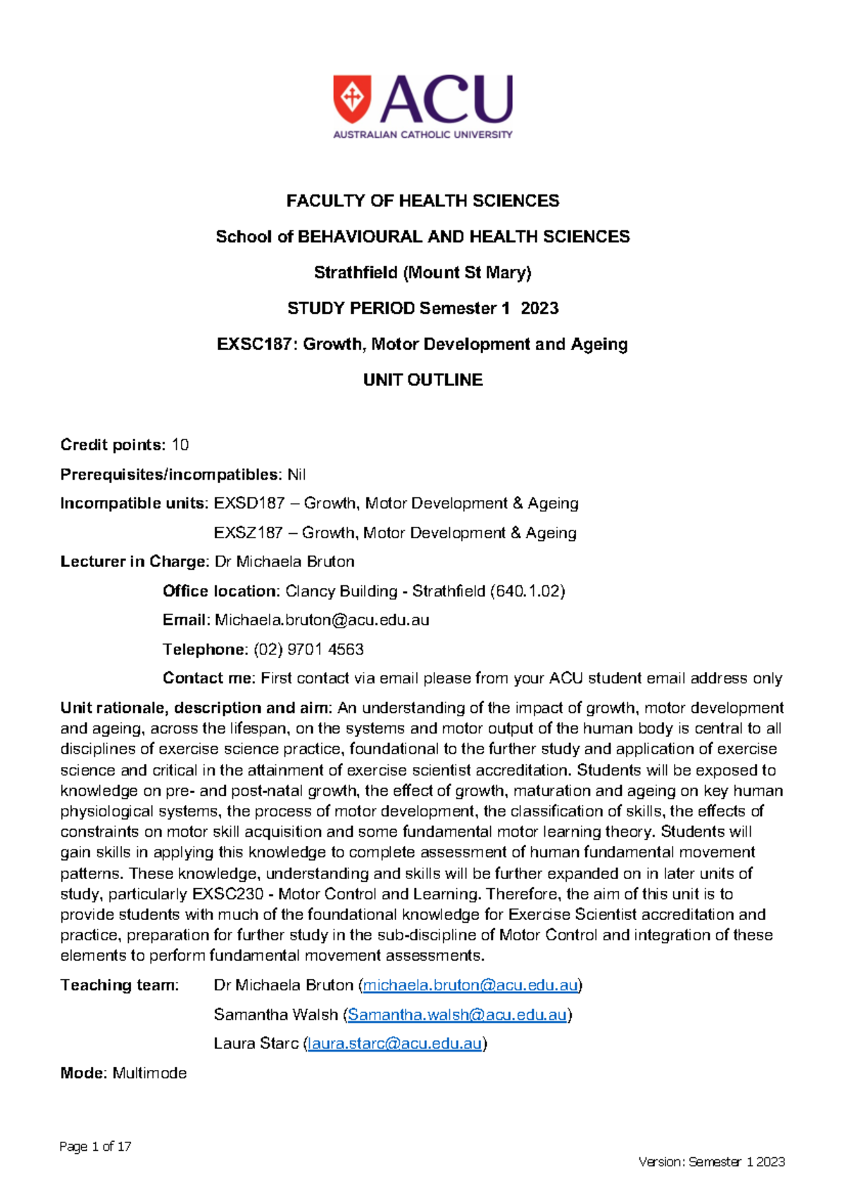 Exsc187 Outline - Page 1 of 17 FACULTY OF HEALTH SCIENCES School of ...