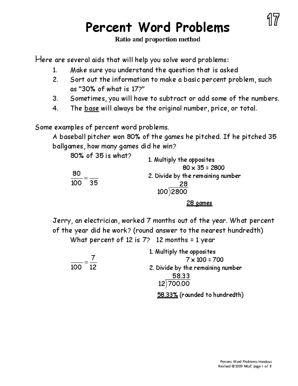 Percent Word Problems N A Percent Word Problems Handout Percent