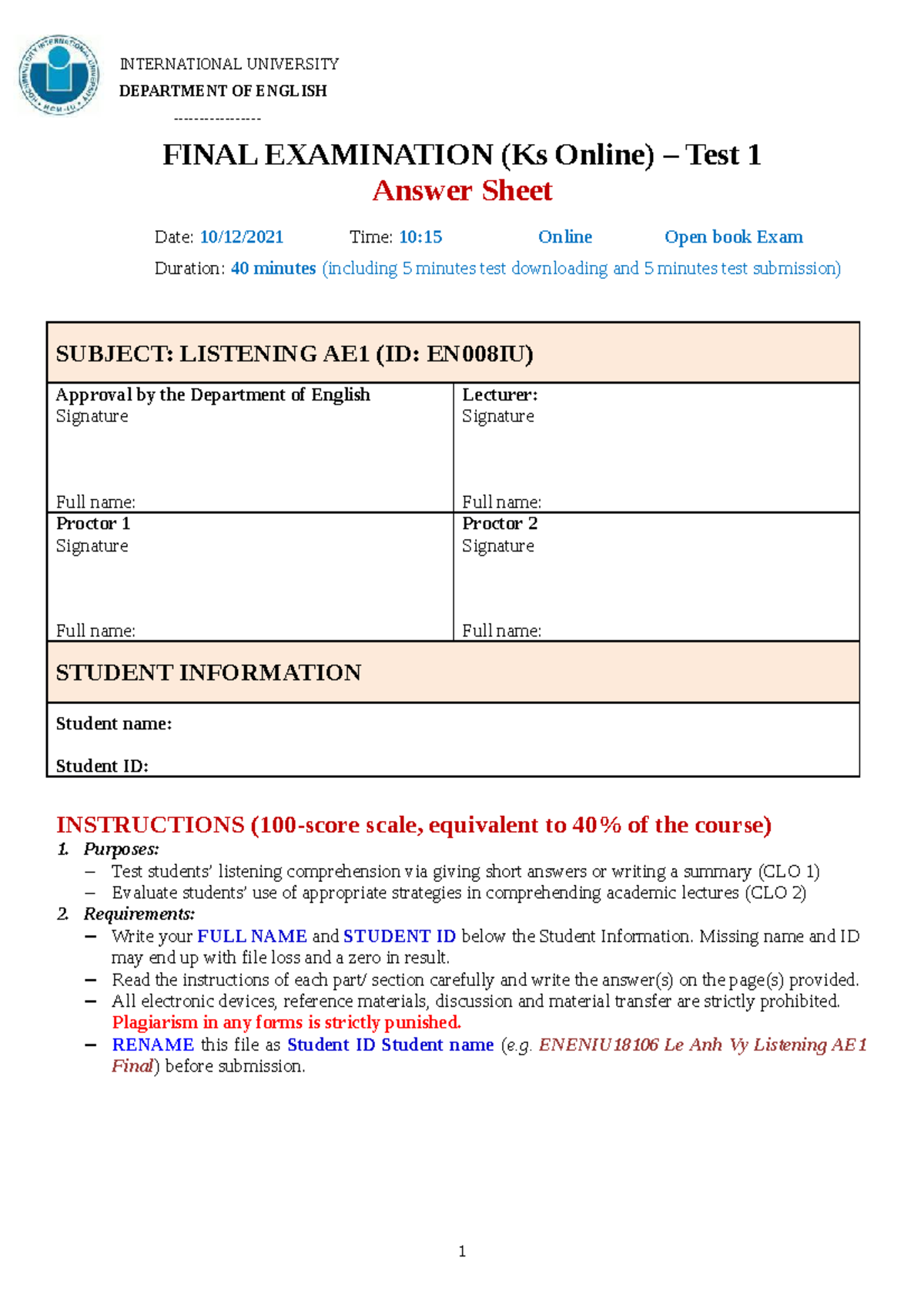 AE1 Listening Final Template - Answer sheet - INTERNATIONAL UNIVERSITY ...
