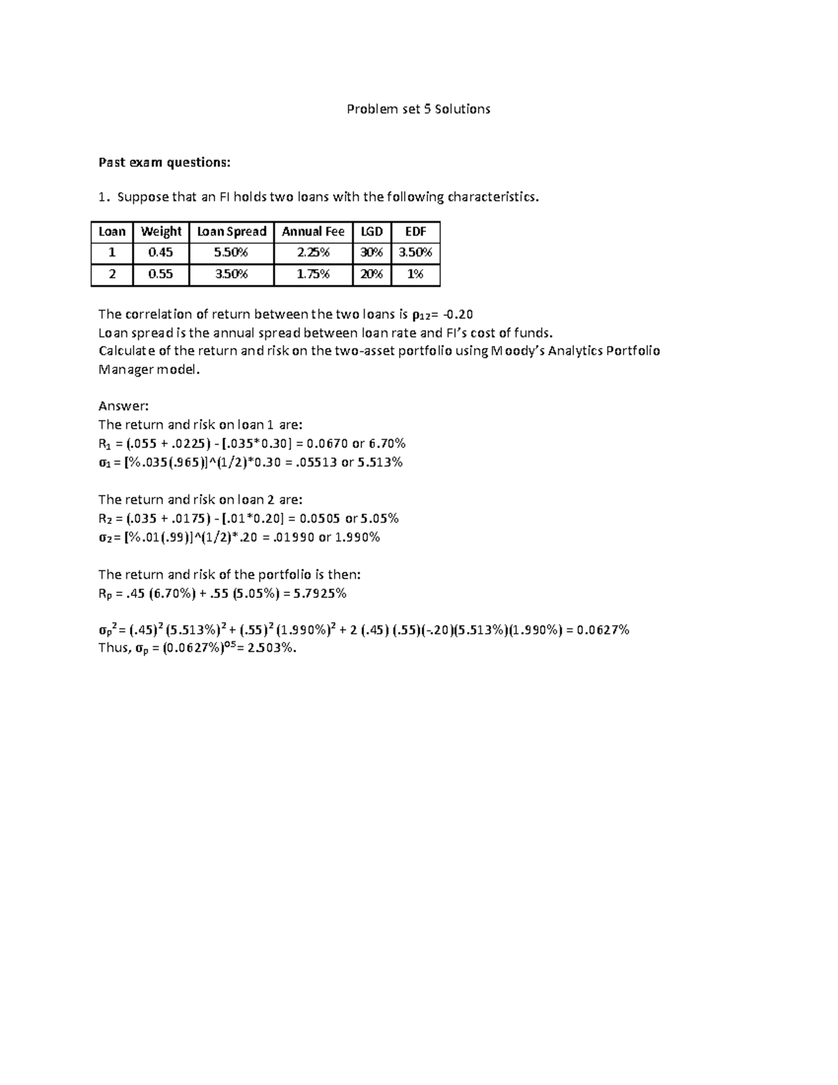 Problem set 5 - past exam questions - with answers - Problem set 5 Solutions Past exam questions ...