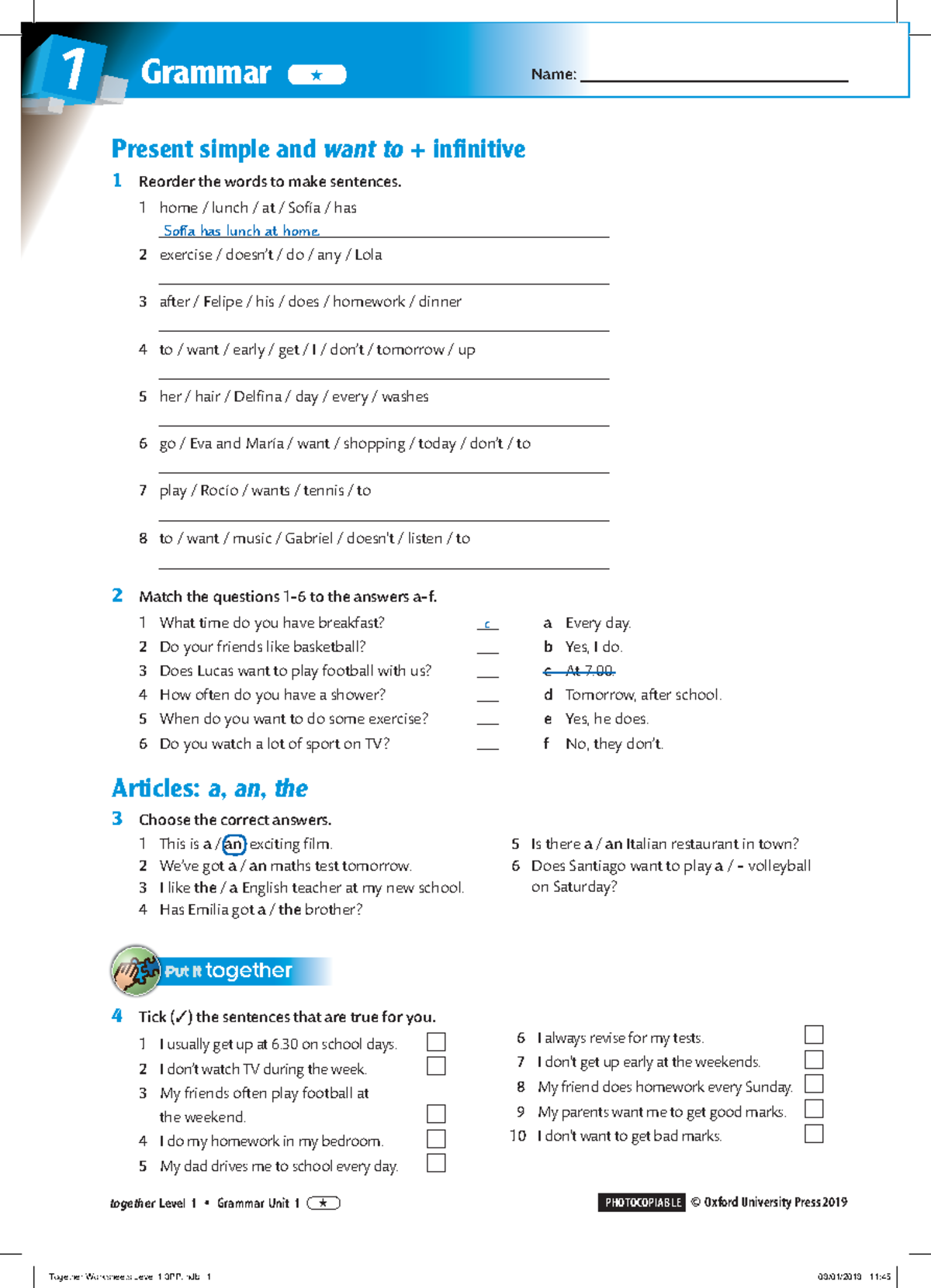 Together 1 Worksheets Unit1 - 1 Grammar ★ Name: together Level 1 ...