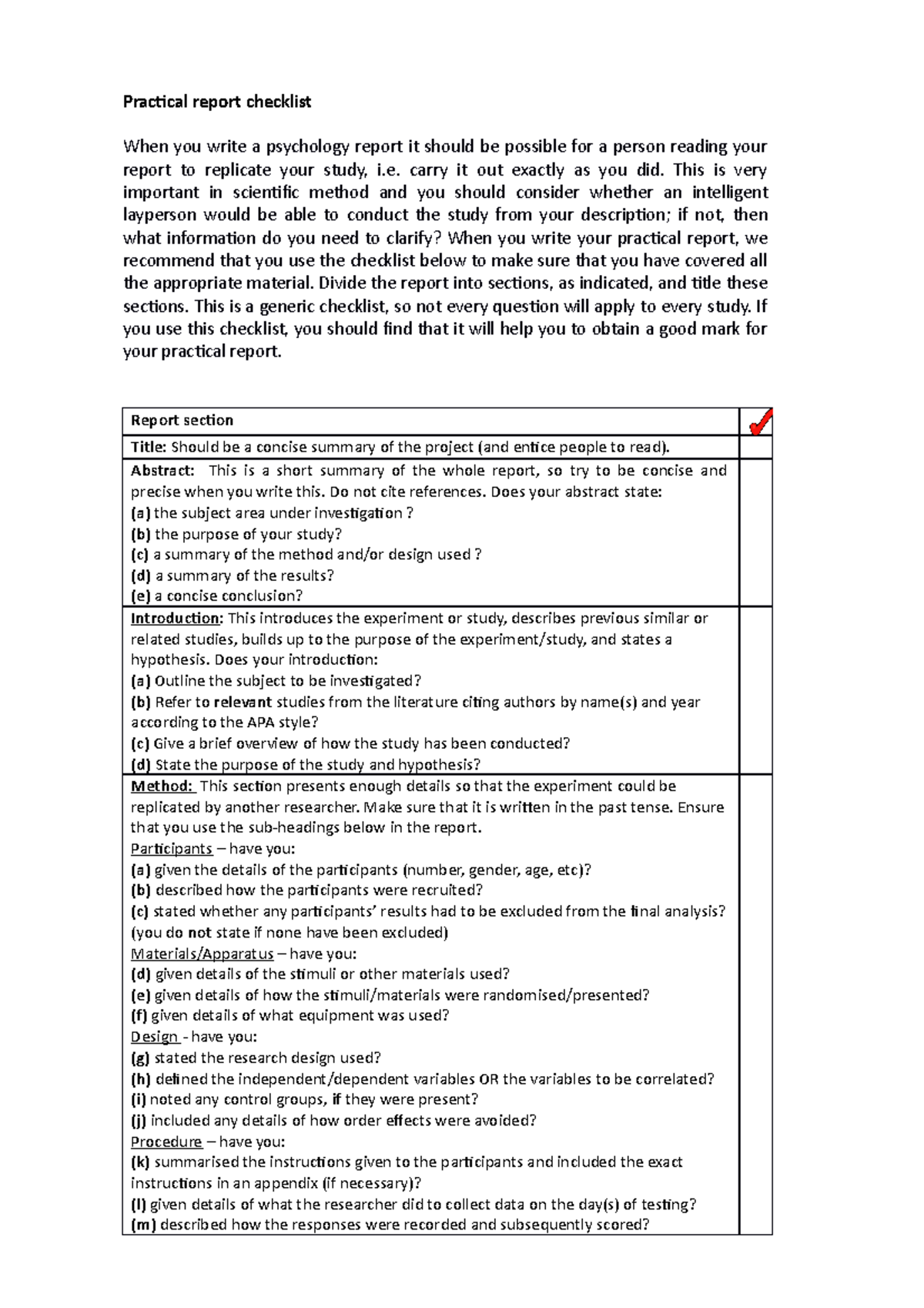 Reports - students checklist - Practical report checklist When you ...