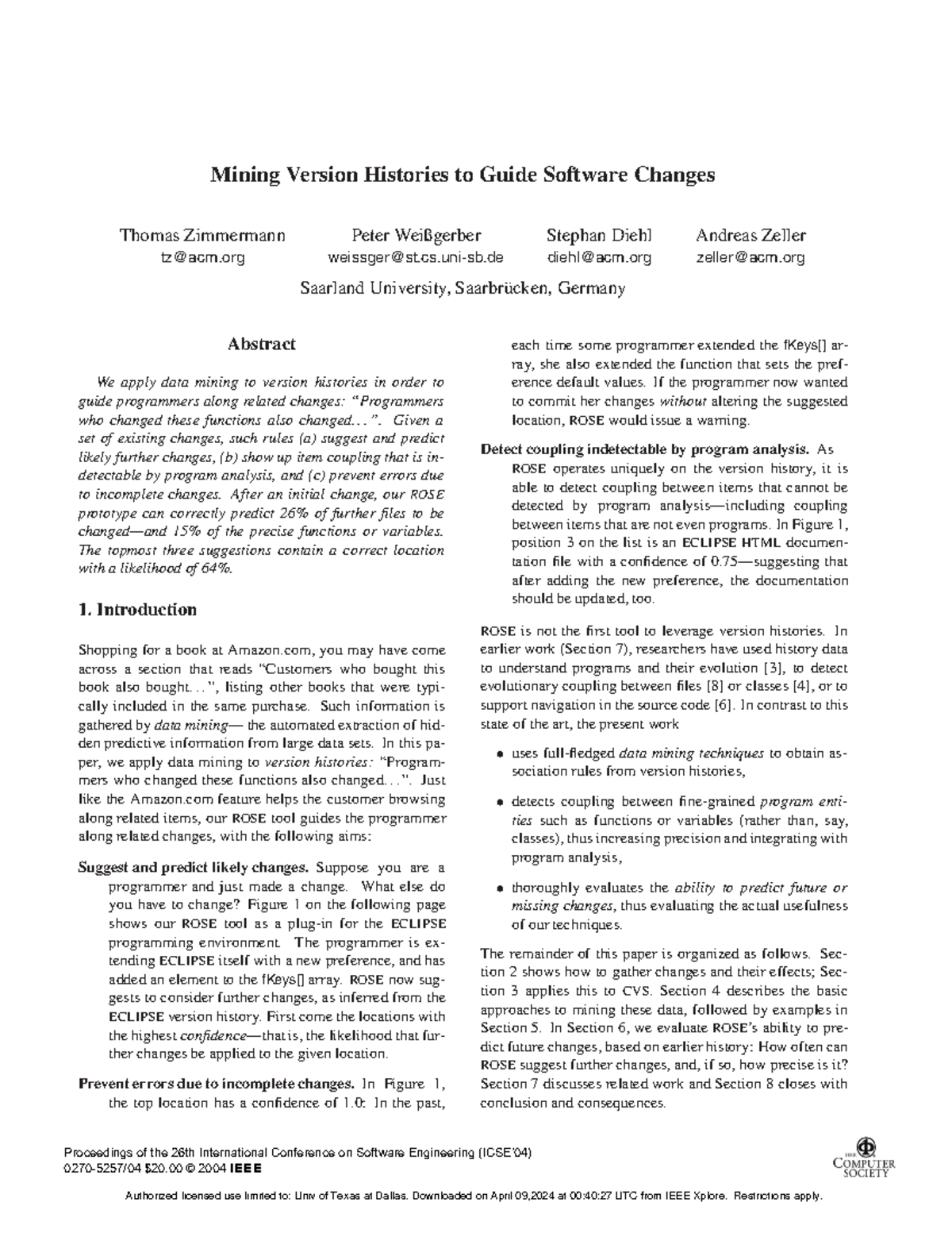 Mining version histories to guide software changes - Mining Version ...