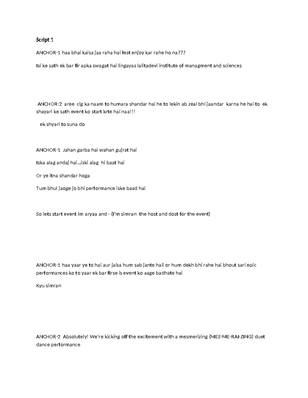 Duet Dance Anchoring Script... - Script 1 ANCHOR-1 haa bhai kaisa jaa ...