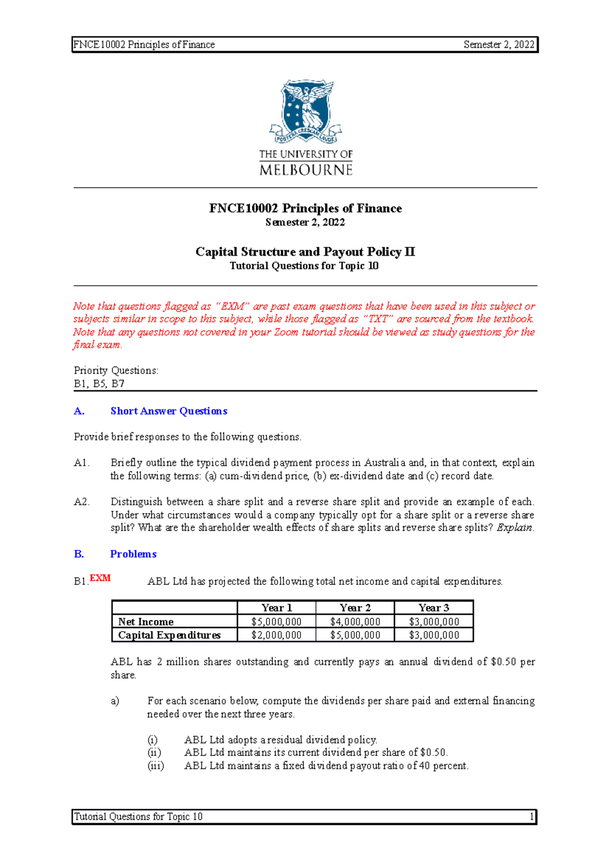 Tutorial 10 - Cap Str 2 with solutions - FNCE10002 Principles of ...