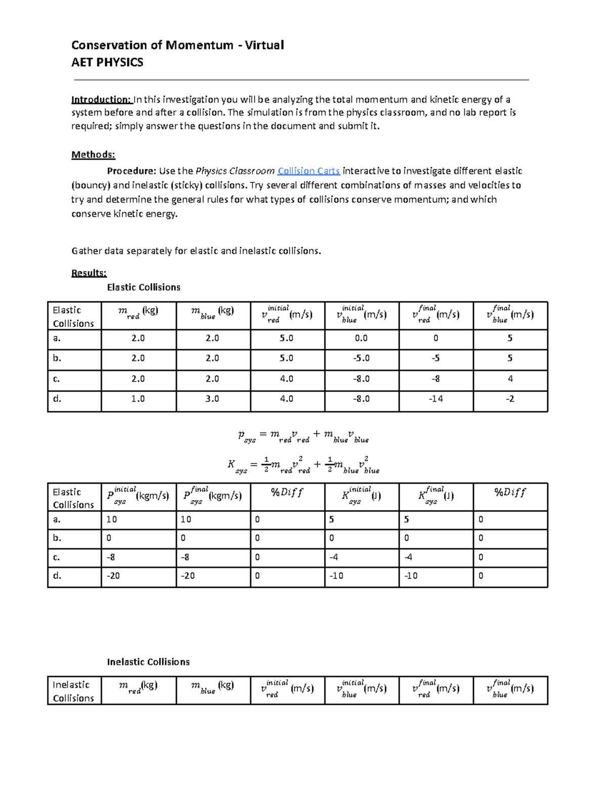 Conservation of Momentum Lab - Virtual - Conservation of Momentum ...
