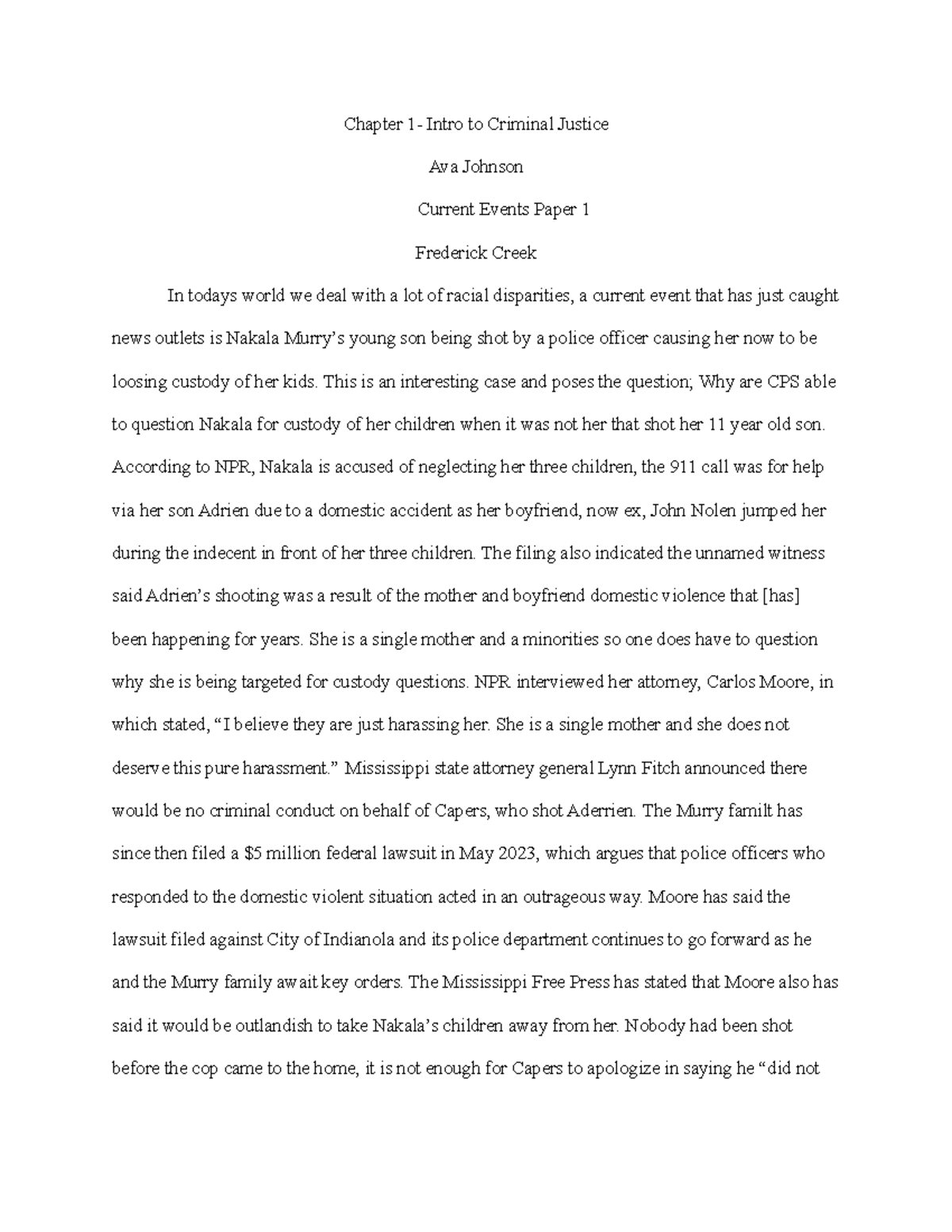 Current Events Paper 1- Chapter 1 - Chapter 1- Intro to Criminal ...