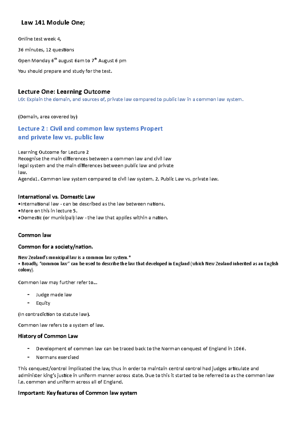 Law 141 - Lecture notes 1-10 - Law 141 Module One; Online test week 4 ...