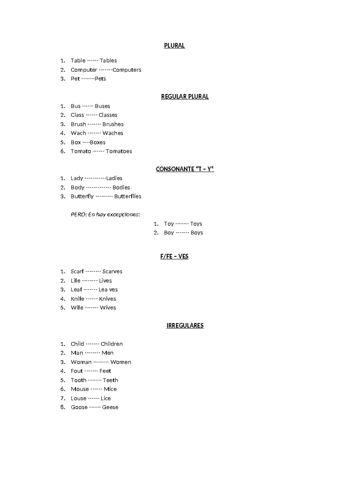 Clase de Ingles - PLURAL Table - Tables Computer -Computers Pet -Pets ...