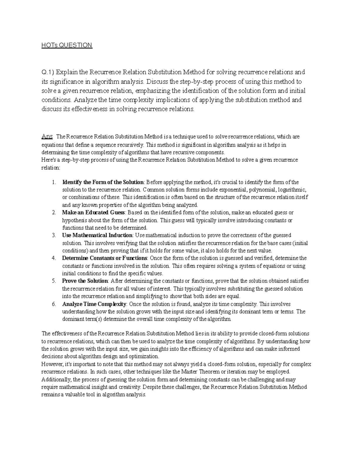 HOTs Question - HOTs QUESTION Q) Explain the Recurrence Relation ...