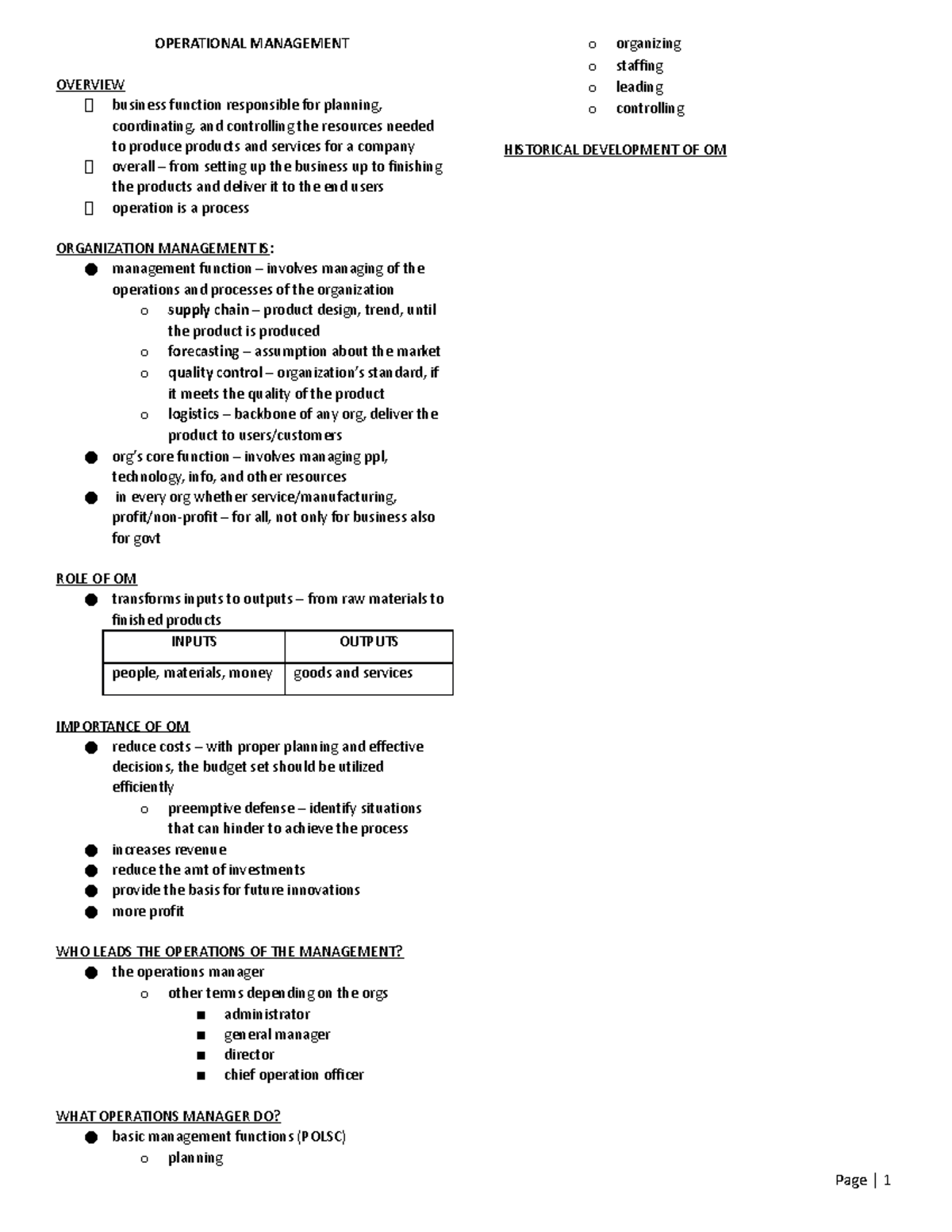 operations and management - OPERATIONAL MANAGEMENT OVERVIEW ⮚ business ...