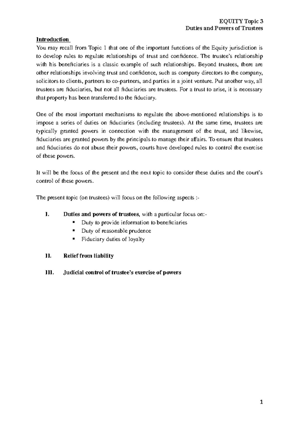 Equity Lecture Topic 3 Duties and Powers of Trustees - EQUITY Topic 3 Duties and Powers of ...