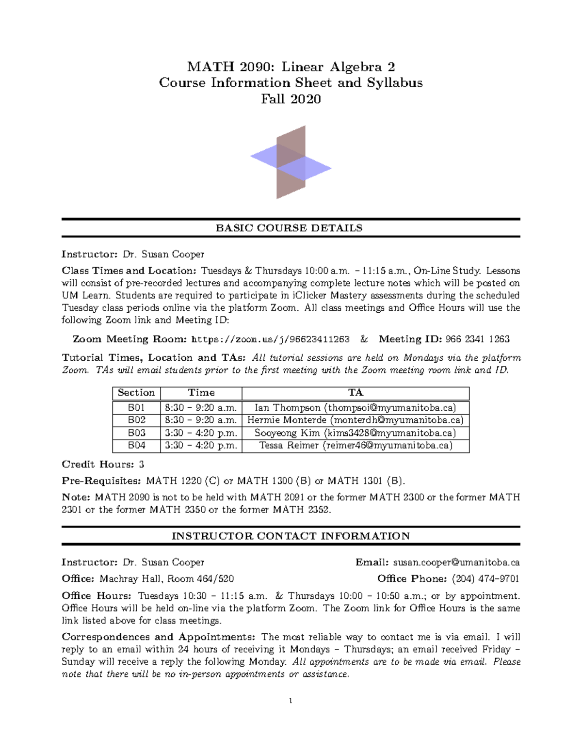 Math 2090 syllabus fall20 - MATH 2090: Linear Algebra 2 Course ...