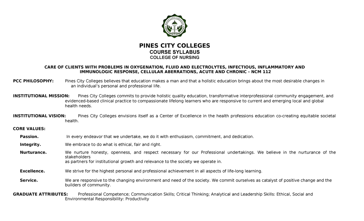 NCM 112 Instructional Design 1 - PINES CITY COLLEGES COURSE SYLLABUS ...