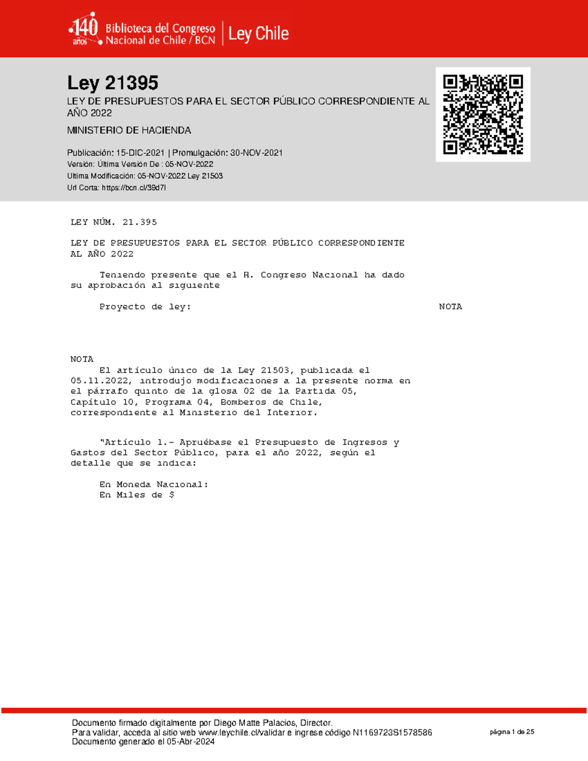 Ley-21395 15-DIC-2021 - Documento firmado digitalmente por Diego Matte ...